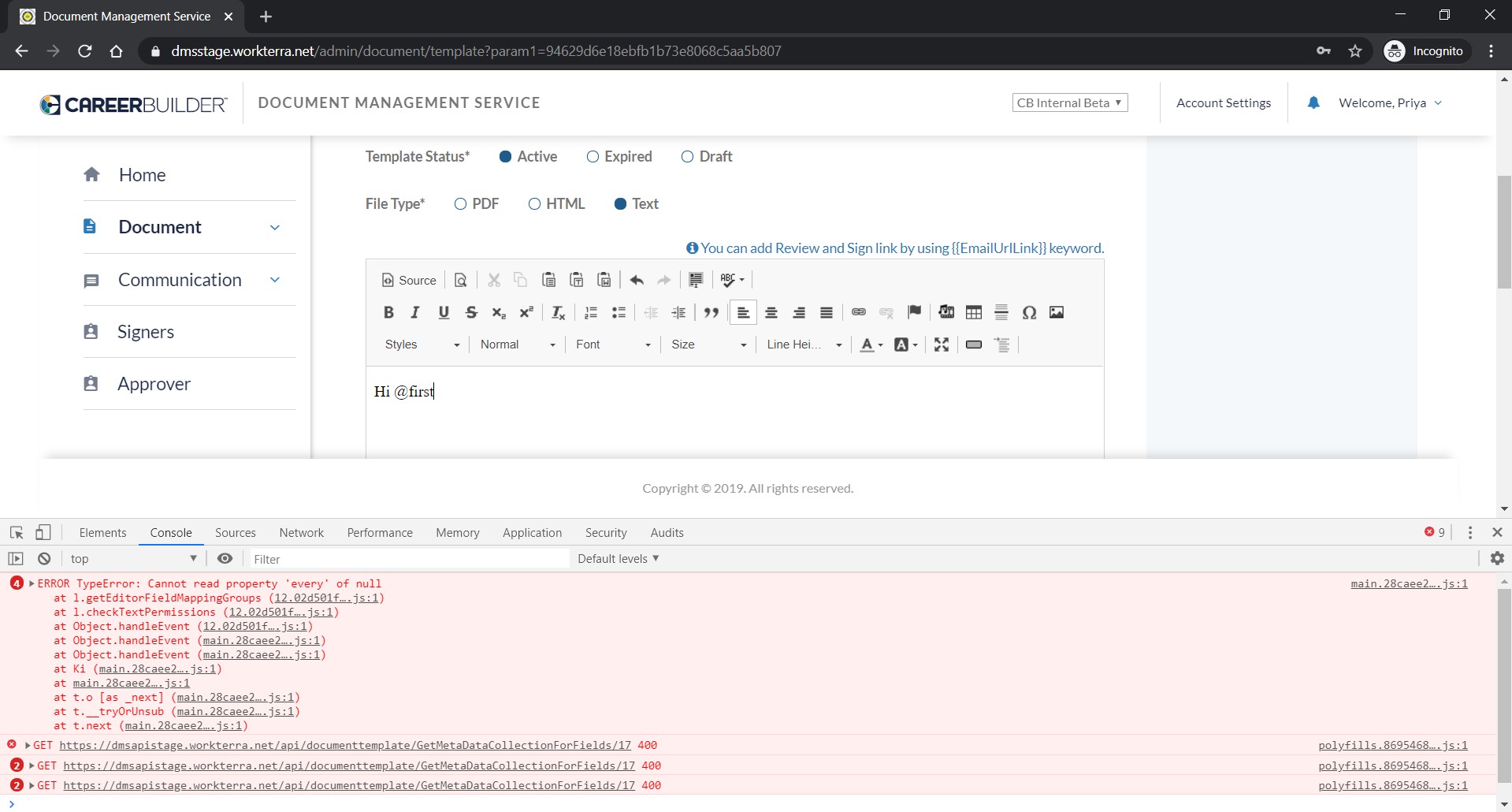 Dms 2226 Unable To Create Text Template As It Showing Error In Console Workterra Jira