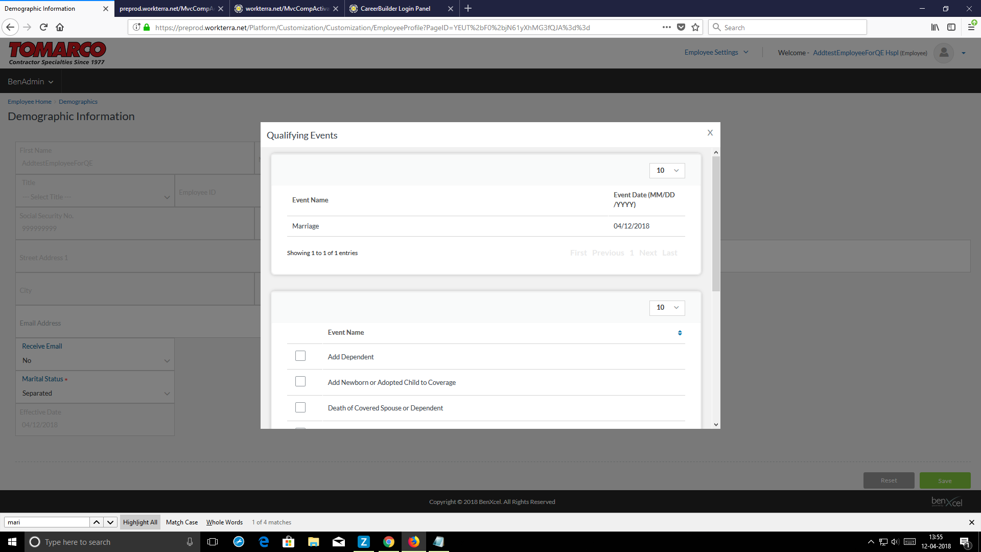 [WB-749] Tomarco - Marriage QE Error - Workterra Jira
